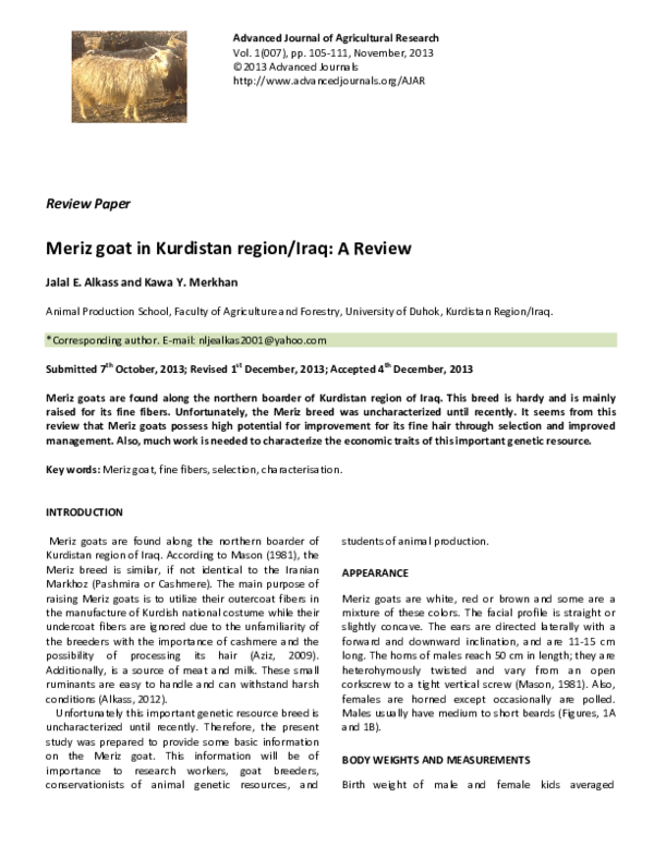 (PDF) Meriz goat in Kurdistan region/Iraq: A Review