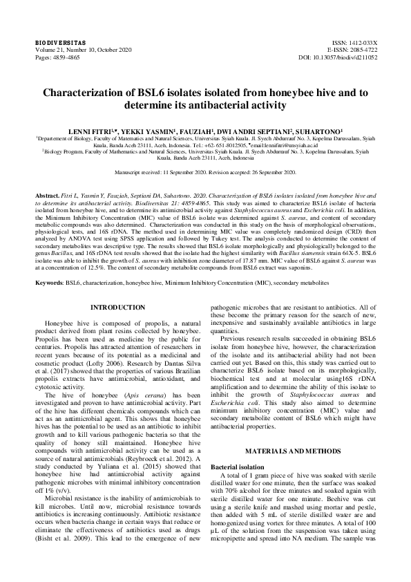 (PDF) Characterization of BSL6 isolates isolated from honeybee hive and ...