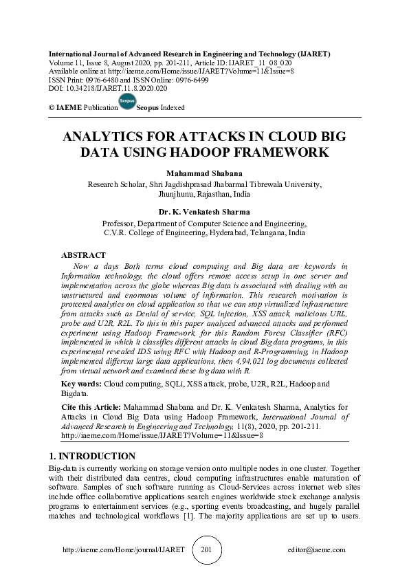 (PDF) ANALYTICS FOR ATTACKS IN CLOUD BIG DATA USING HADOOP FRAMEWORK