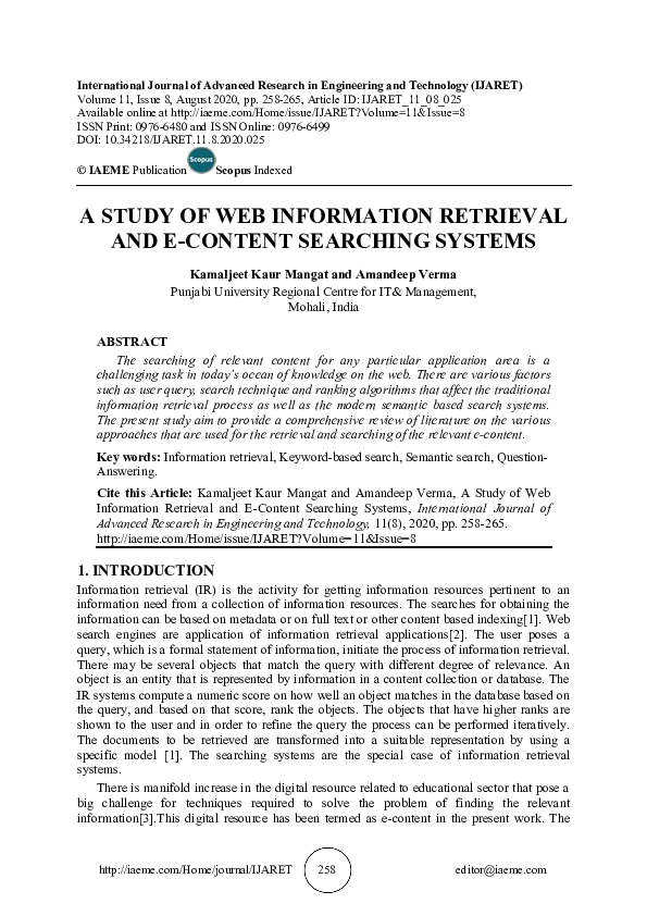 (PDF) A STUDY OF WEB INFORMATION RETRIEVAL AND E-CONTENT SEARCHING SYSTEMS