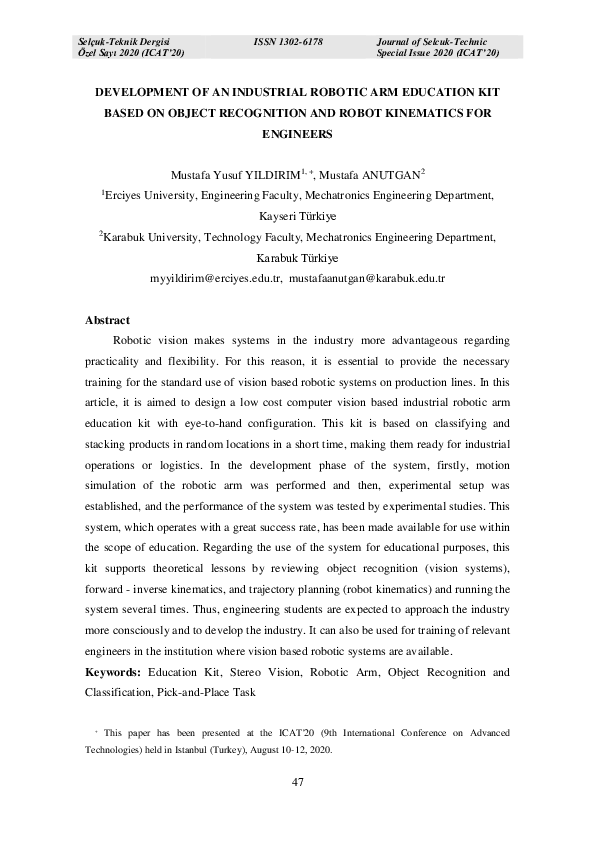 (PDF) Development of An Industrial Robotic Arm Education Kit Based on Object Recognition and Robot