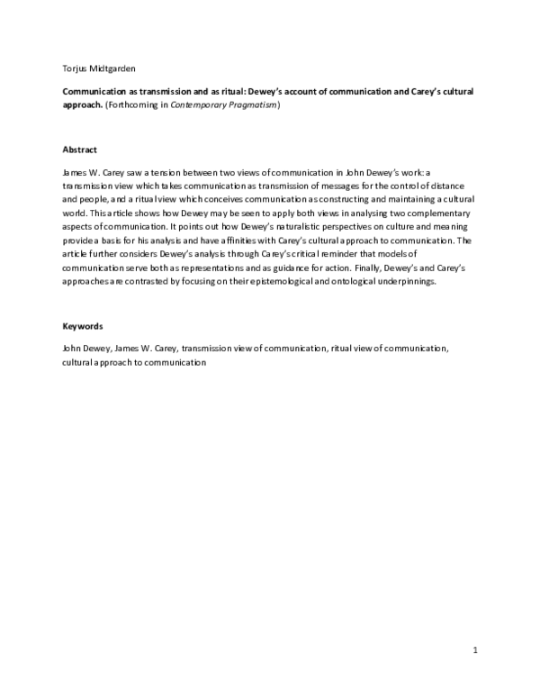 (PDF) Communication as transmission and as ritual: Dewey’s account of ...
