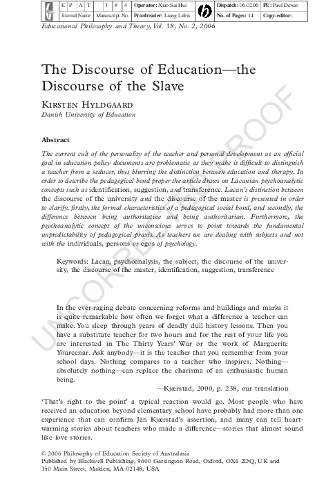 (PDF) Hyldgaard. The Discourse of Education, the Discourse of the Slave