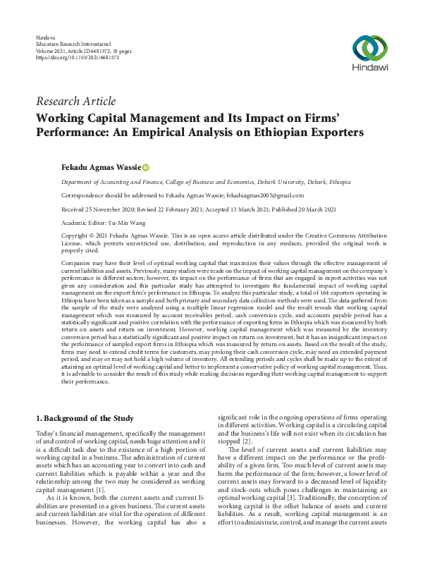 (PDF) Working Capital Management and Its Impact on Firms’ Performance: An Empirical Analysis on ...