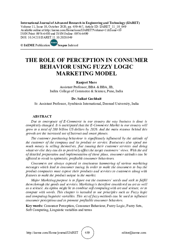 (PDF) THE ROLE OF PERCEPTION IN CONSUMER BEHAVIOR USING FUZZY LOGIC MARKETING MODEL