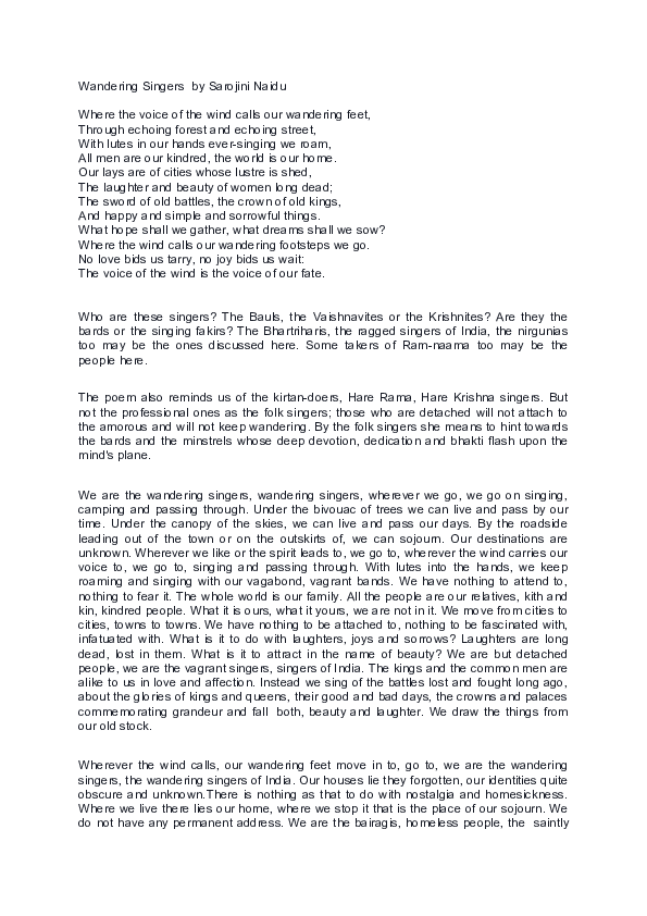 (DOC) Wandering Singers by Sarojini Naidu