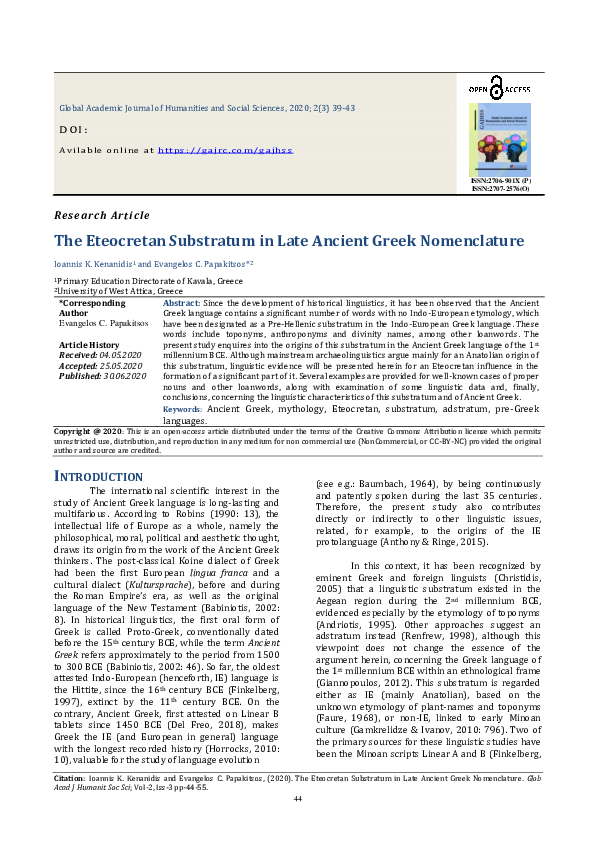 (PDF) The Eteocretan Substratum in Late Ancient Greek Nomenclature