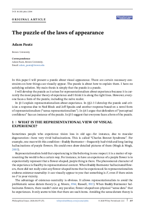 (PDF) The Puzzle of the Laws of Appearance (Philosophical Issues)