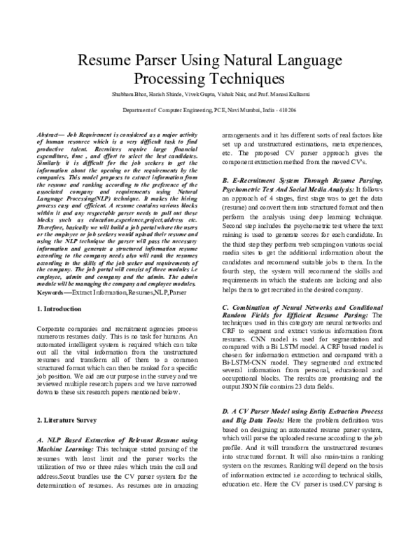 (PDF) Resume Parser Using Natural Language Processing Techniques