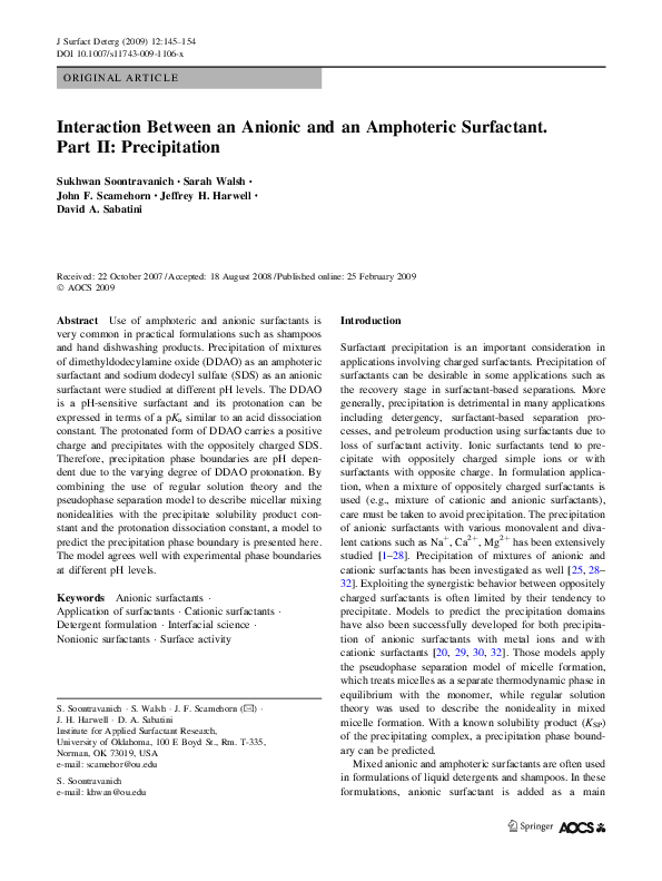 (PDF) Interaction Between an Anionic and an Amphoteric Surfactant. Part ...
