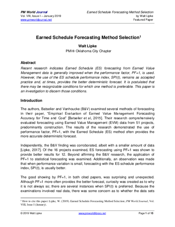 Pdf Earned Schedule Forecasting Method Selection