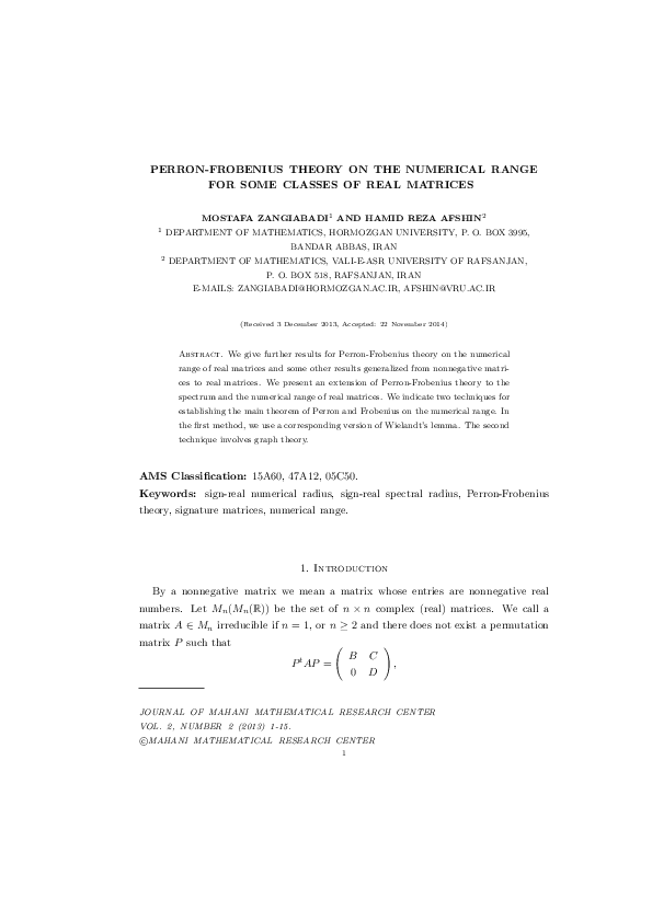 (PDF) Perron-Frobenius Theory On The Numerical Range For Some Classes Of Real Matrices