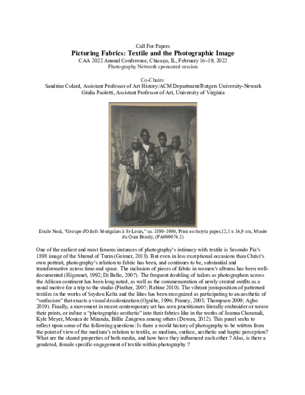 (PDF) CFP (CAA 2022) Picturing Fabrics: Textiles and the Photographic ...