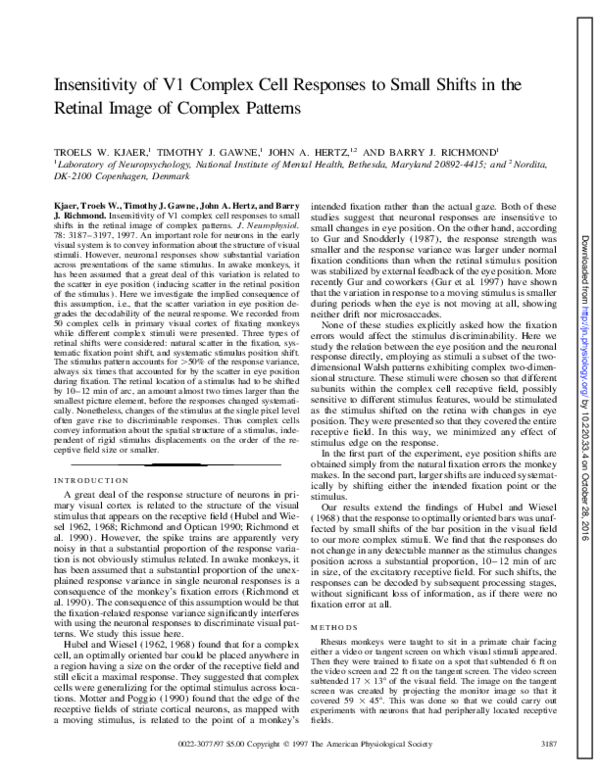 (PDF) Insensitivity of V1 complex cell responses to small shifts in the ...