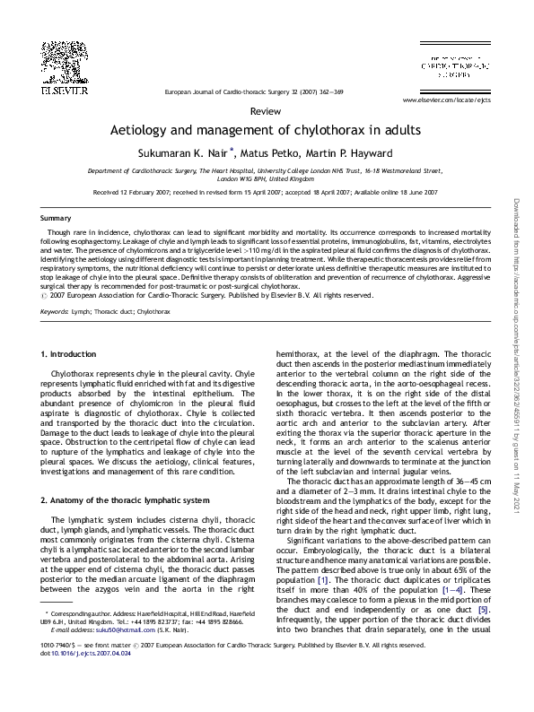 (PDF) Aetiology and management of chylothorax in adults