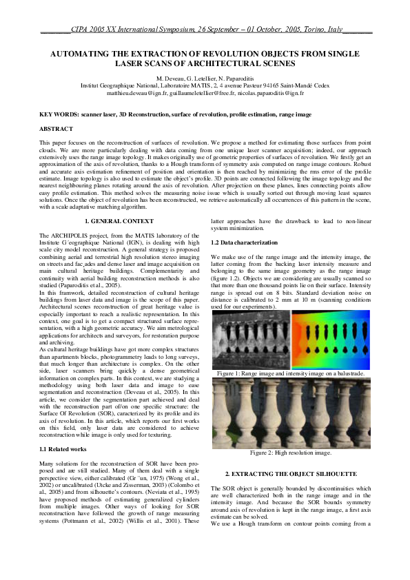 Pdf Automating The Extraction Of Revolution Objects From Single Laser Scans Of Architectural