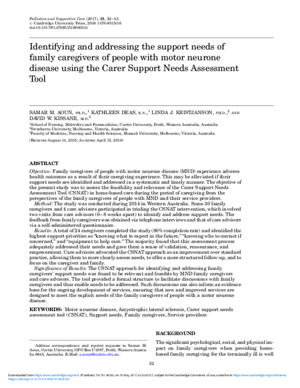 (PDF) Identifying and addressing the support needs of family caregivers ...