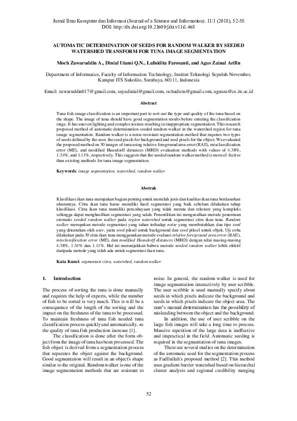 (PDF) Automatic Determination of Seeds for Random Walker by Seeded Watershed Transform for Tuna ...