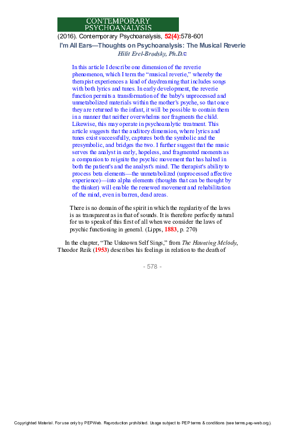 (PDF) I'm All Ears—Thoughts on Psychoanalysis: The Musical Reverie