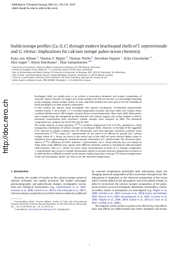 (PDF) Stable isotope profiles (Ca, O, C) through modern brachiopod ...