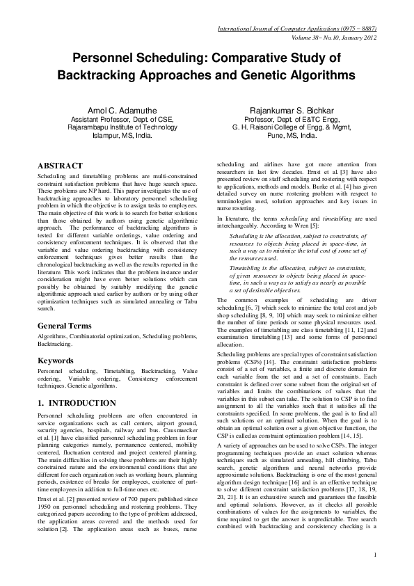 (PDF) Personnel Scheduling: Comparative Study of Backtracking Approaches and Genetic Algorithms