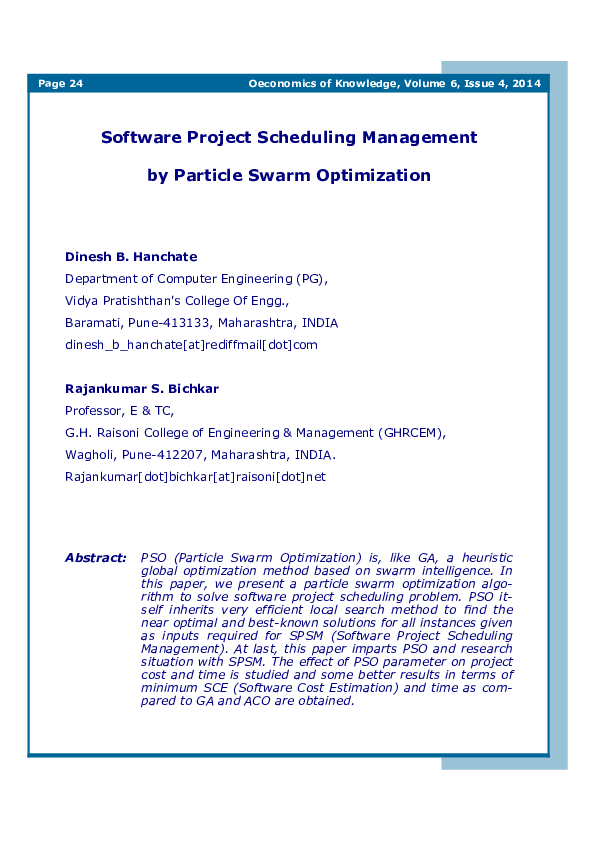 (PDF) Software Project Scheduling Management by Particle Swarm Optimization