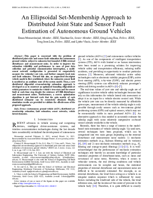 Pdf An Ellipsoidal Set Membership Approach To Distributed Joint State And Sensor Fault