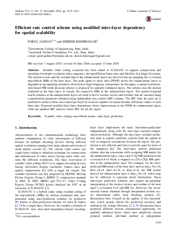 Pdf Efficient Rate Control Scheme Using Modified Inter Layer Dependency For Spatial Scalability