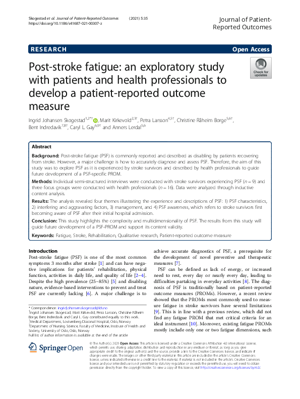 (PDF) Post-stroke fatigue: an exploratory study with patients andhealth ...