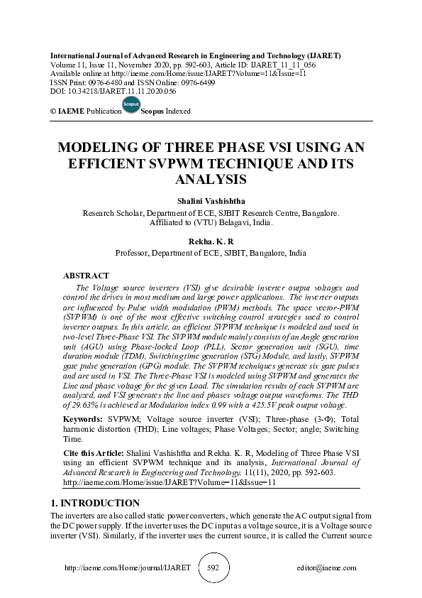 Pdf Modeling Of Three Phase Vsi Using An Efficient Svpwm Technique