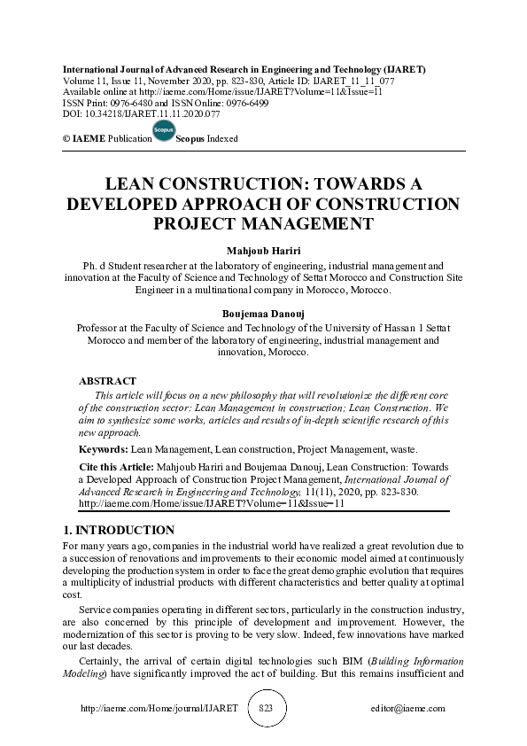 (PDF) LEAN CONSTRUCTION: TOWARDS A DEVELOPED APPROACH OF CONSTRUCTION ...