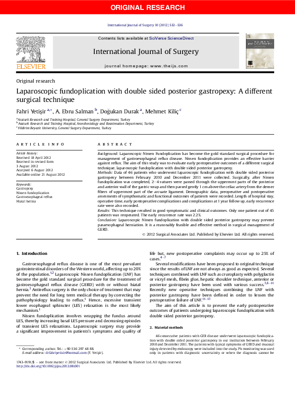 Laparoscopic fundoplication with double sided posterior gastropexy: A ...