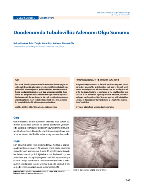(PDF) Duodenumda Tubulovillöz Adenom: Olgu Sunumu