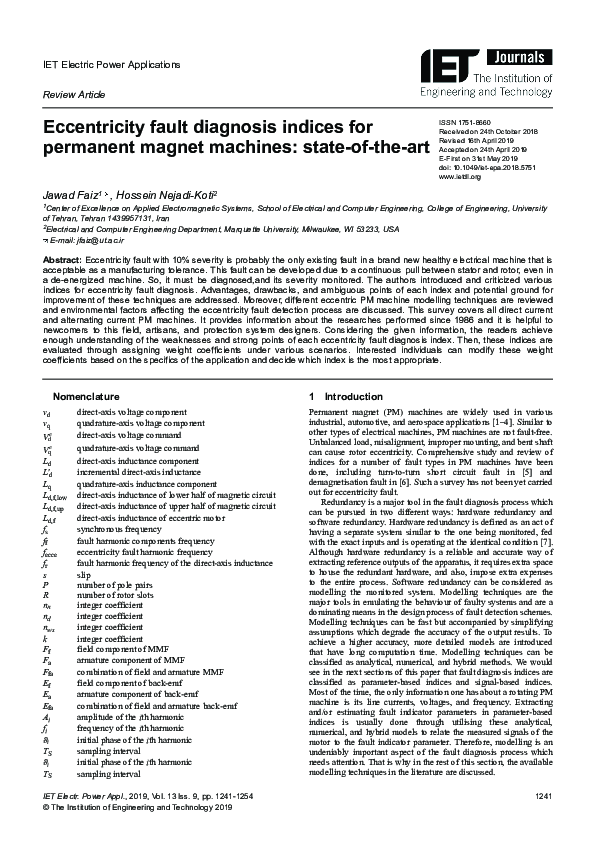 (PDF) Eccentricity fault diagnosis indices for permanent magnet machines – state of the art | J ...