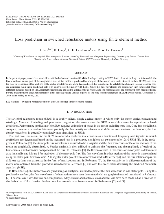 Pdf Loss Prediction In Switched Reluctance Motors Using Finite Element Method