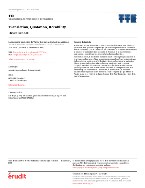 (PDF) Translation, Quotation, Iterability