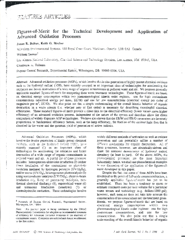 (PDF) Figures-of-Merit for the technical development and application of Advanced Oxidation Processes