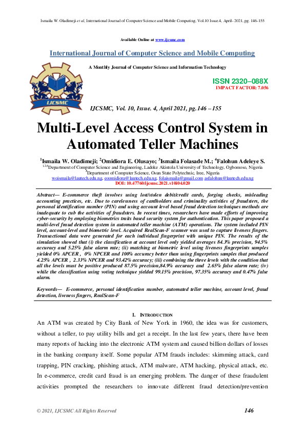 (PDF) Multi-Level Access Control System in Automated Teller Machines﻿