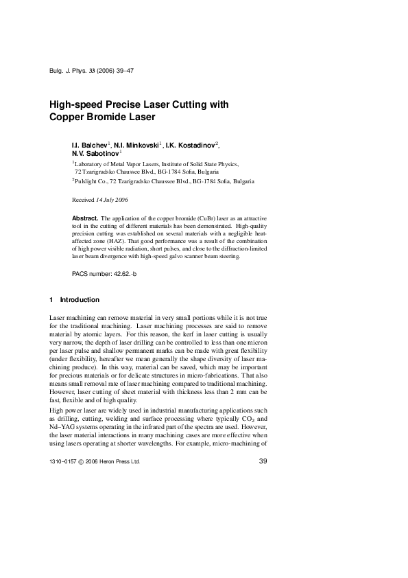 (PDF) High-speed Precise Laser Cutting with Copper Bromide Laser