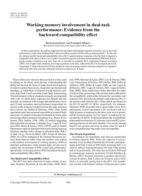 (PDF) Working memory involvement in dual-task performance: Evidence ...