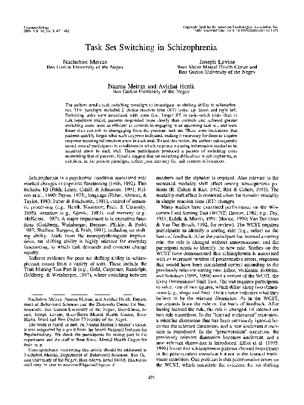 (PDF) Task set switching in schizophrenia