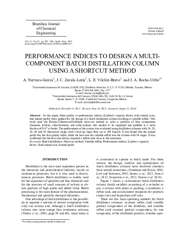 (PDF) Performance Indices to Design a Multicomponent Batch Distillation Column Using a Shortcut ...