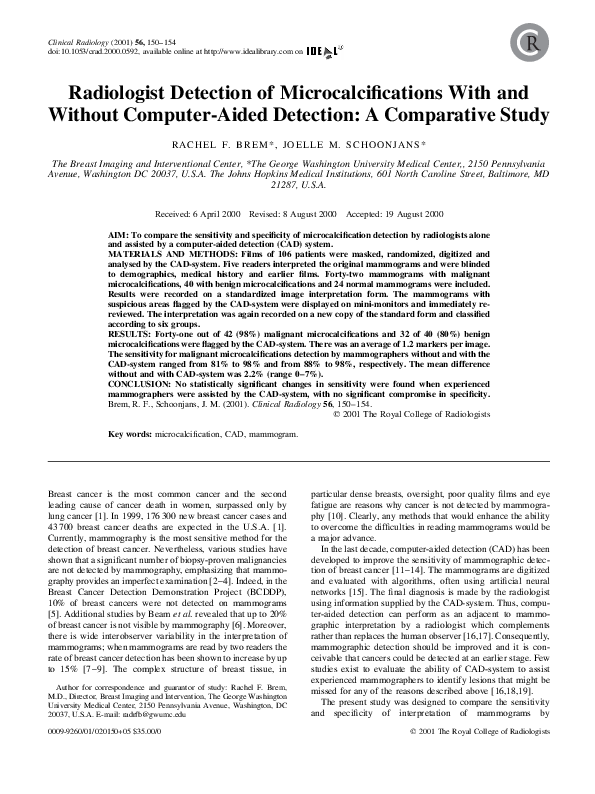 Pdf Radiologist Detection Of Microcalcifications With And Without Computer Aided Detection A