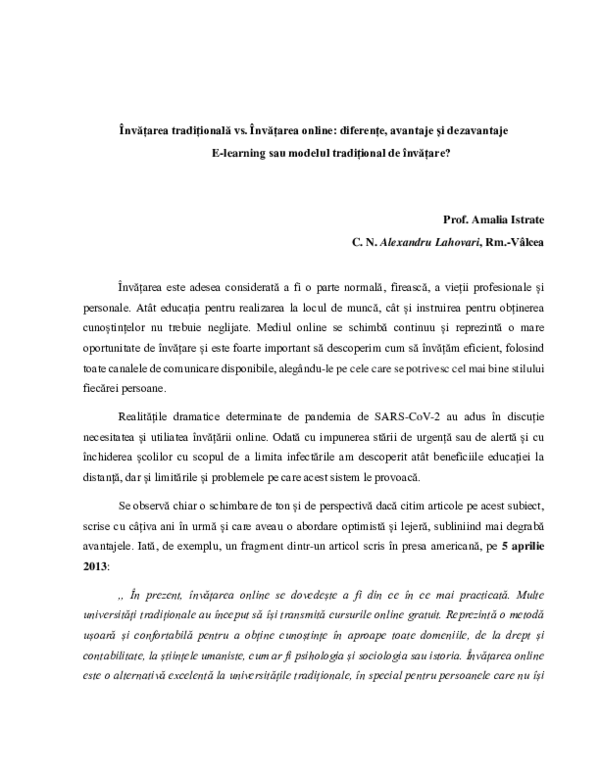 (PDF) E learning sau modelul traditional de invatare
