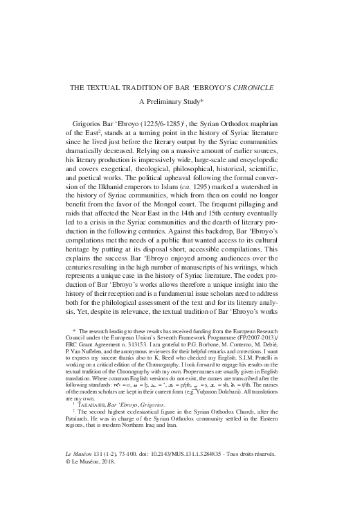 (PDF) The Textual Tradition of Bar 'Ebroyo's Chronicle: a Preliminary Study