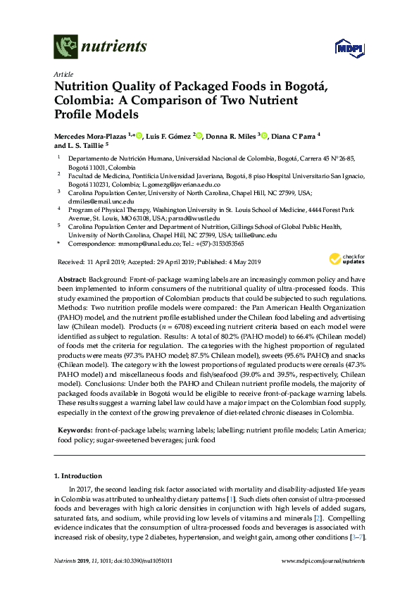 (PDF) Nutrition Quality of Packaged Foods in Bogotá, Colombia: A ...