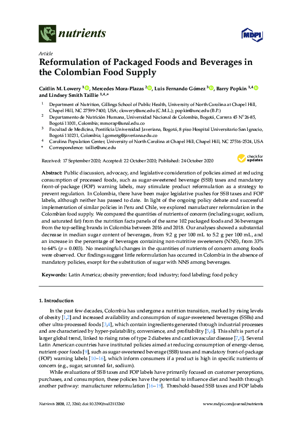 (PDF) Reformulation of Packaged Foods and Beverages in the Colombian ...