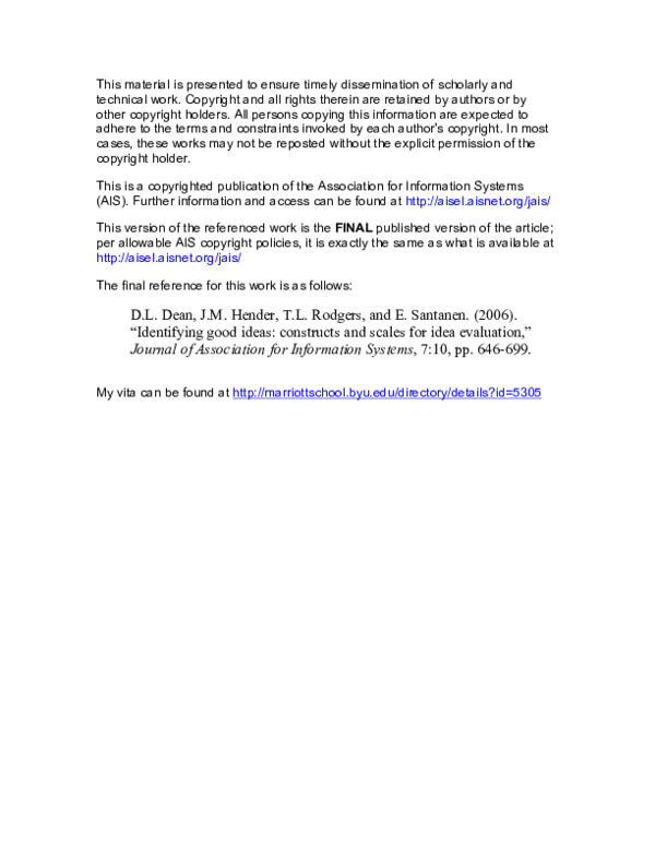 (PDF) Identifying Good Ideas: Constructs and Scales for Idea Evaluation