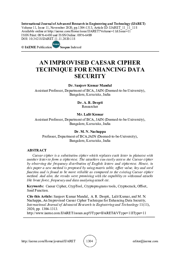 (PDF) AN IMPROVISED CAESAR CIPHER TECHNIQUE FOR ENHANCING DATA SECURITY