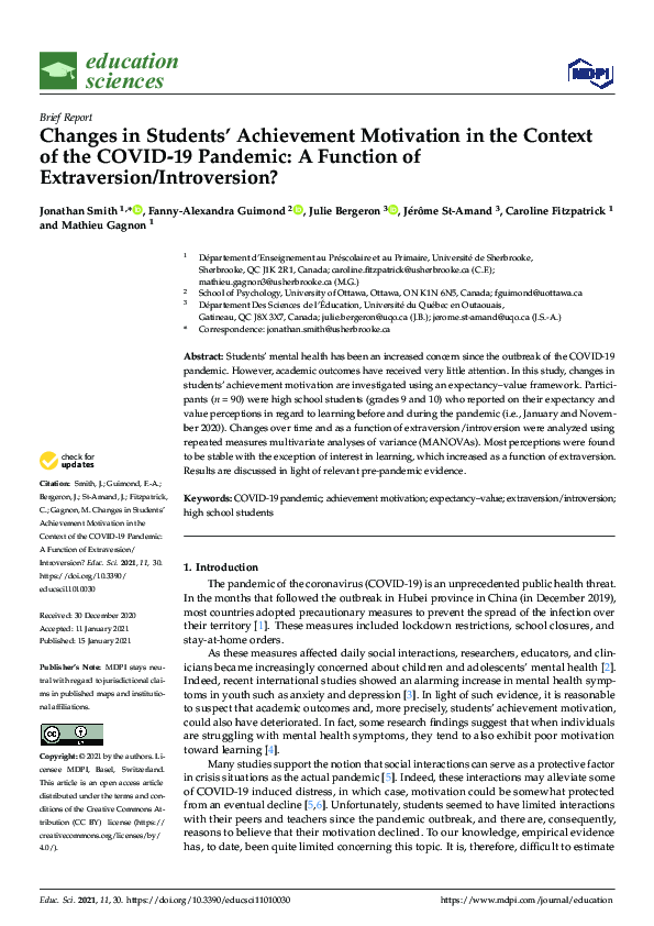 (PDF) Changes in Students’ Achievement Motivation in the Context of the COVID-19 Pandemic: A ...